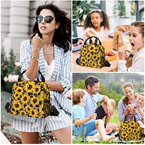 Rcekvoh Sunflower Leopard Cow Print Insulated Lunch Bag Women Girls Waterproof Lunch Box Freezable Lunch Tote Bag for Work Picnic with Adjustable Shoulder Strap Mesh Pocket