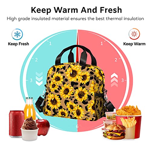 Rcekvoh Sunflower Leopard Cow Print Insulated Lunch Bag Women Girls Waterproof Lunch Box Freezable Lunch Tote Bag for Work Picnic with Adjustable Shoulder Strap Mesh Pocket