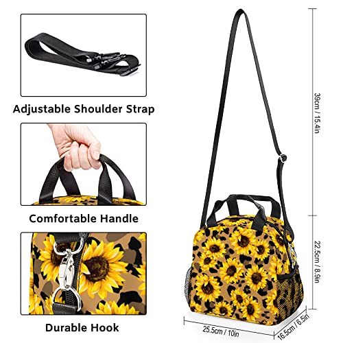 Rcekvoh Sunflower Leopard Cow Print Insulated Lunch Bag Women Girls Waterproof Lunch Box Freezable Lunch Tote Bag for Work Picnic with Adjustable Shoulder Strap Mesh Pocket