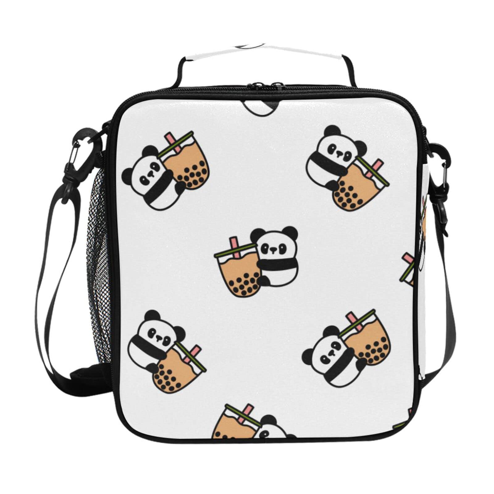 AMmao Kids Lunch Bag for Boy Girl Cute Panda Boba Milk Tea Insulated Lunch Box with Shoulder Strap Reusable Cooler Bags for One Size