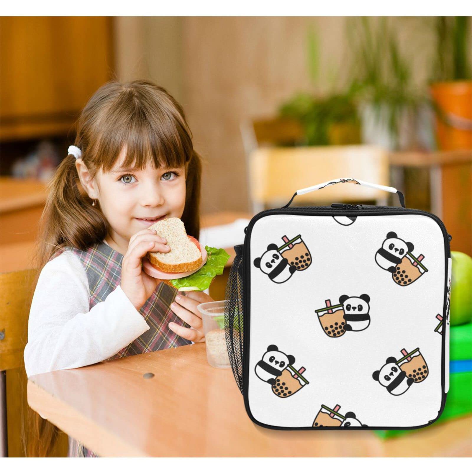 AMmao Kids Lunch Bag for Boy Girl Cute Panda Boba Milk Tea Insulated Lunch Box with Shoulder Strap Reusable Cooler Bags for One Size