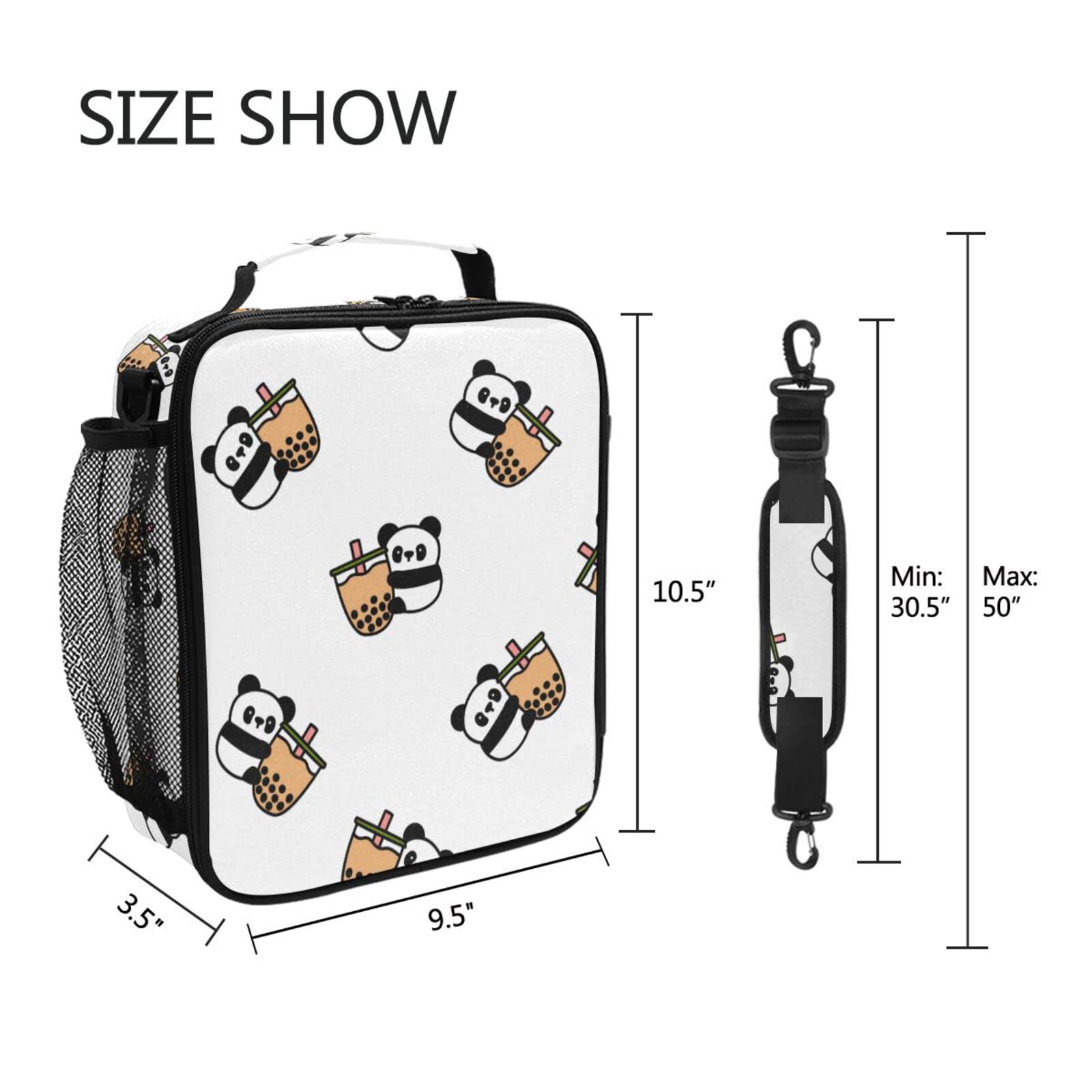 AMmao Kids Lunch Bag for Boy Girl Cute Panda Boba Milk Tea Insulated Lunch Box with Shoulder Strap Reusable Cooler Bags for One Size