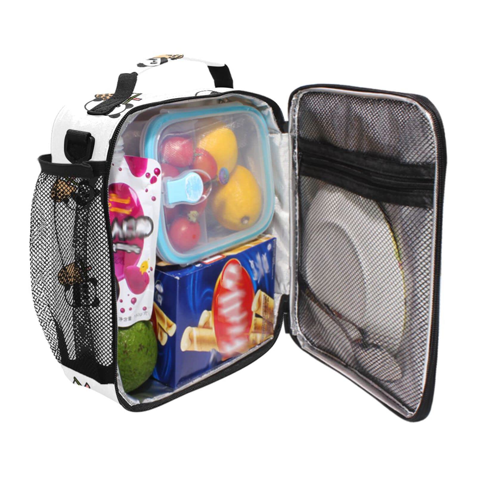 AMmao Kids Lunch Bag for Boy Girl Cute Panda Boba Milk Tea Insulated Lunch Box with Shoulder Strap Reusable Cooler Bags for One Size