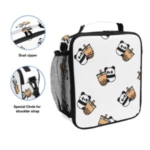 AMmao Kids Lunch Bag for Boy Girl Cute Panda Boba Milk Tea Insulated Lunch Box with Shoulder Strap Reusable Cooler Bags for One Size