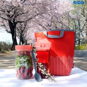 Komax Lunchmate Insulated Lunch Bag Set – Thermal Lunch Box for Women + Salad Container for Lunch + Fruit Infuser Water Bottle + Spoon & Fork + Ice Packs for Lunch Bag (Red)