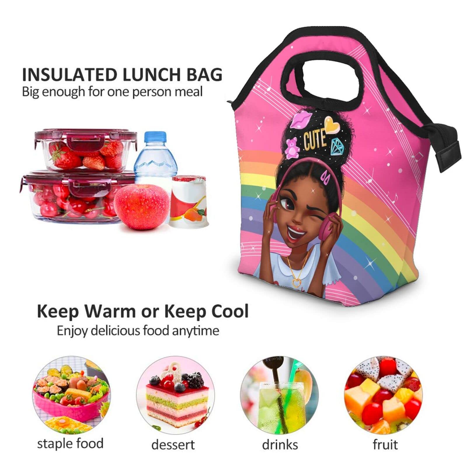 Lunch Bags For Black Women African American Lunch Box Afro Black Girl Lunch Tote Bag For Travel, Picnic, Work, School Reusable Insulated Cooler