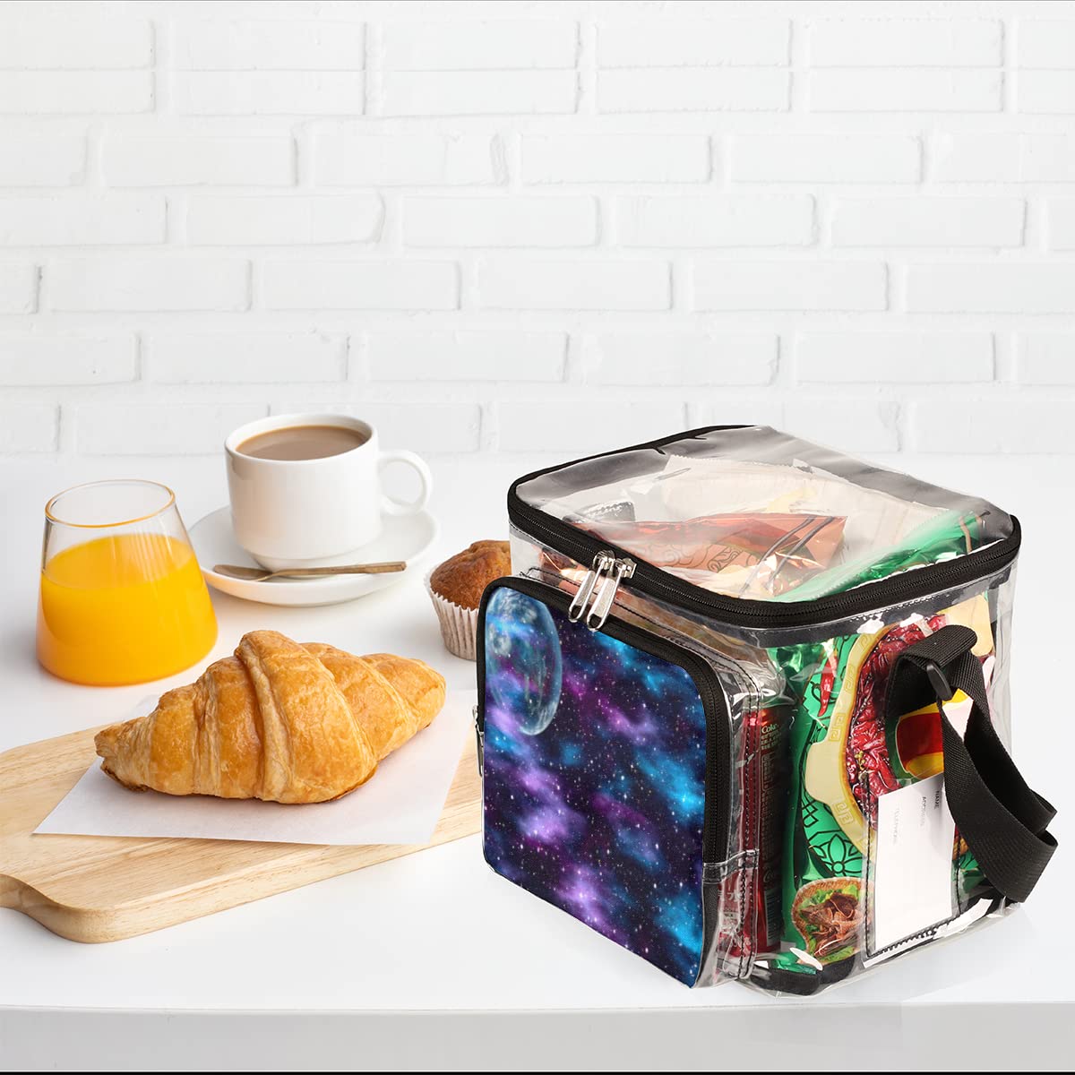 bisibuy Earth Space Star Clear Lunch Bag Stadium Approved PVC Plastic See Through Lunch box with Adjustable Strap for Sports Events Concerts Office