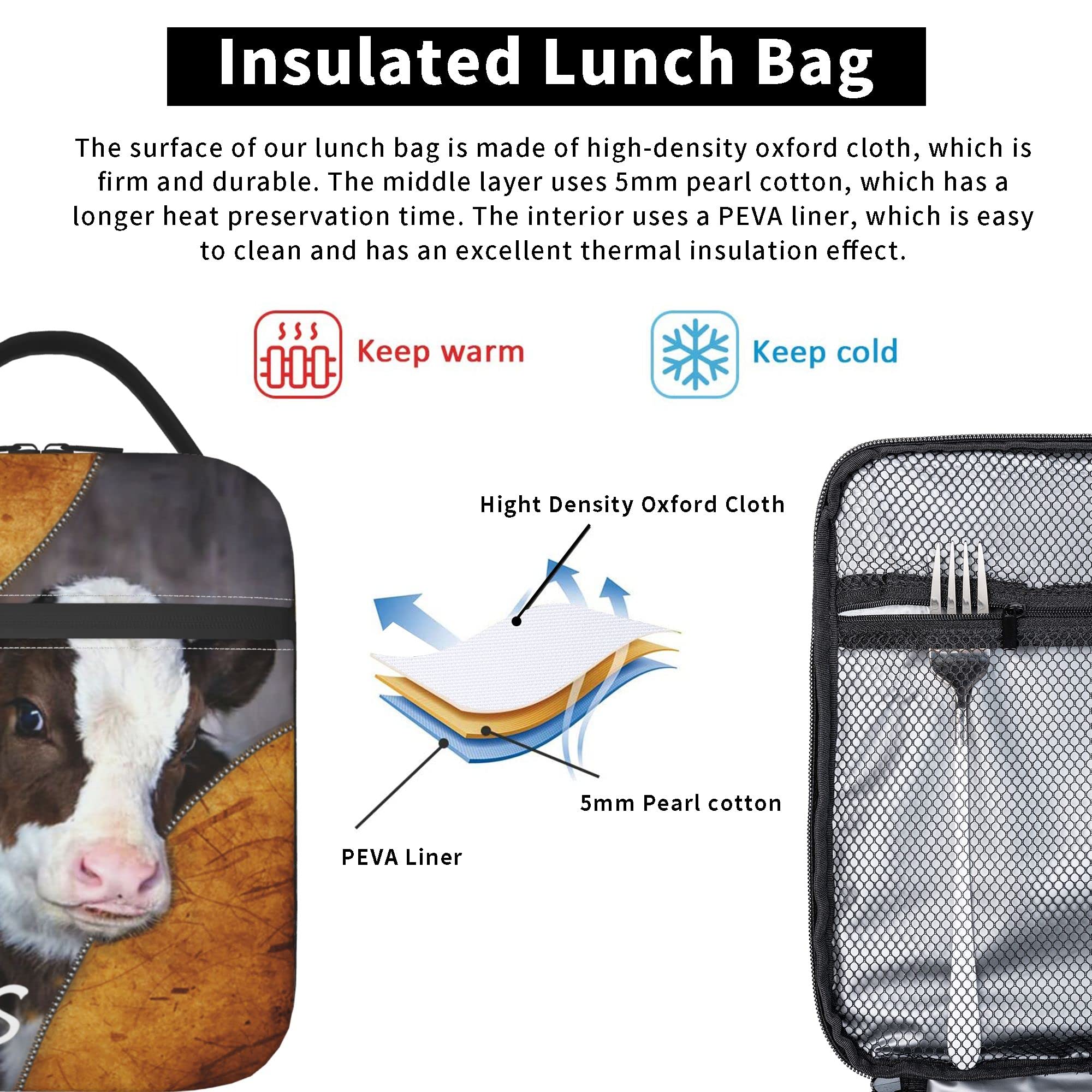 KIYIYZER Cow Print Lunch Box Cow Lunch Bags for Women Men Kids Teen Insulated Reusable Cows Tote Bag for Work School Office