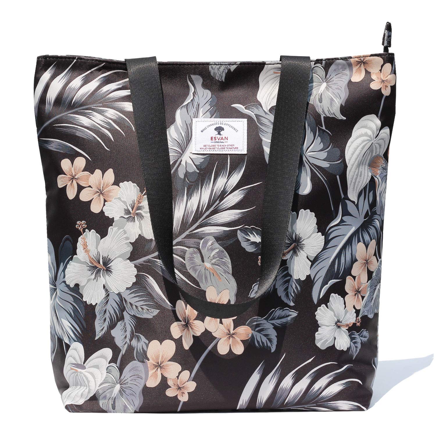 ESVAN Waterproof Tote Bag,Original Floral Leaf Lightweight Fashion Shoulder Bag Lunch Bag for Shopping Yoga Gym Hiking Swimming Travel Beach ([X] Floral Leaf)