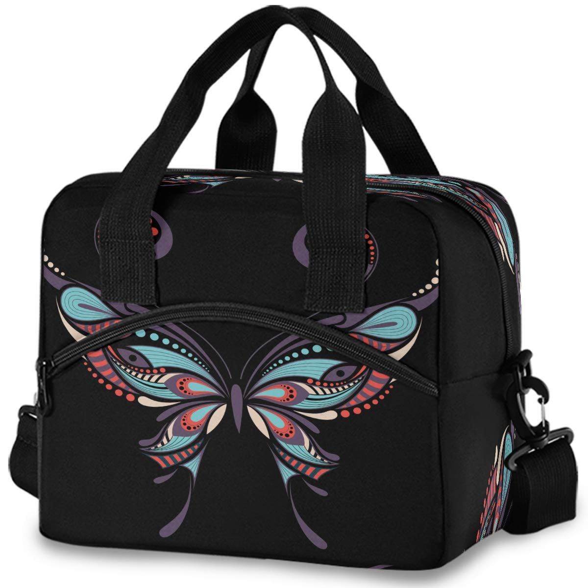 Oarencol Vintage Butterfly Art Insulated Lunch Tote Bag Reusable Cooler Lunch Box with Shoulder Strap for Work Picnic School Beach