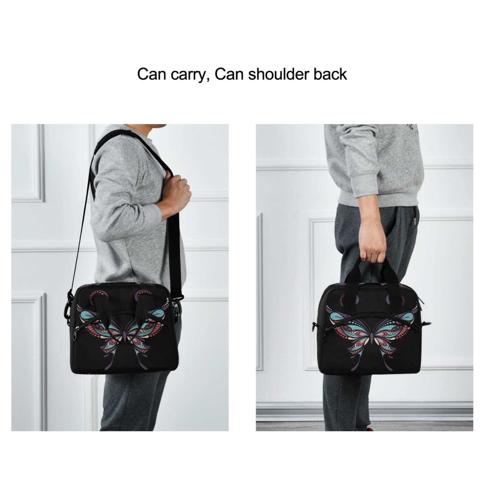 Oarencol Vintage Butterfly Art Insulated Lunch Tote Bag Reusable Cooler Lunch Box with Shoulder Strap for Work Picnic School Beach