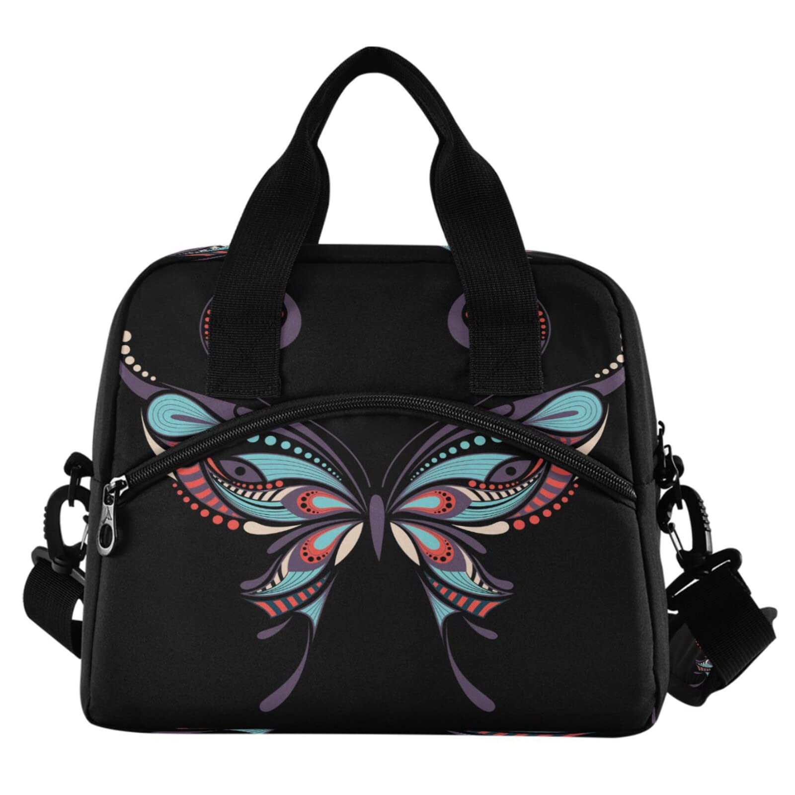 Oarencol Vintage Butterfly Art Insulated Lunch Tote Bag Reusable Cooler Lunch Box with Shoulder Strap for Work Picnic School Beach