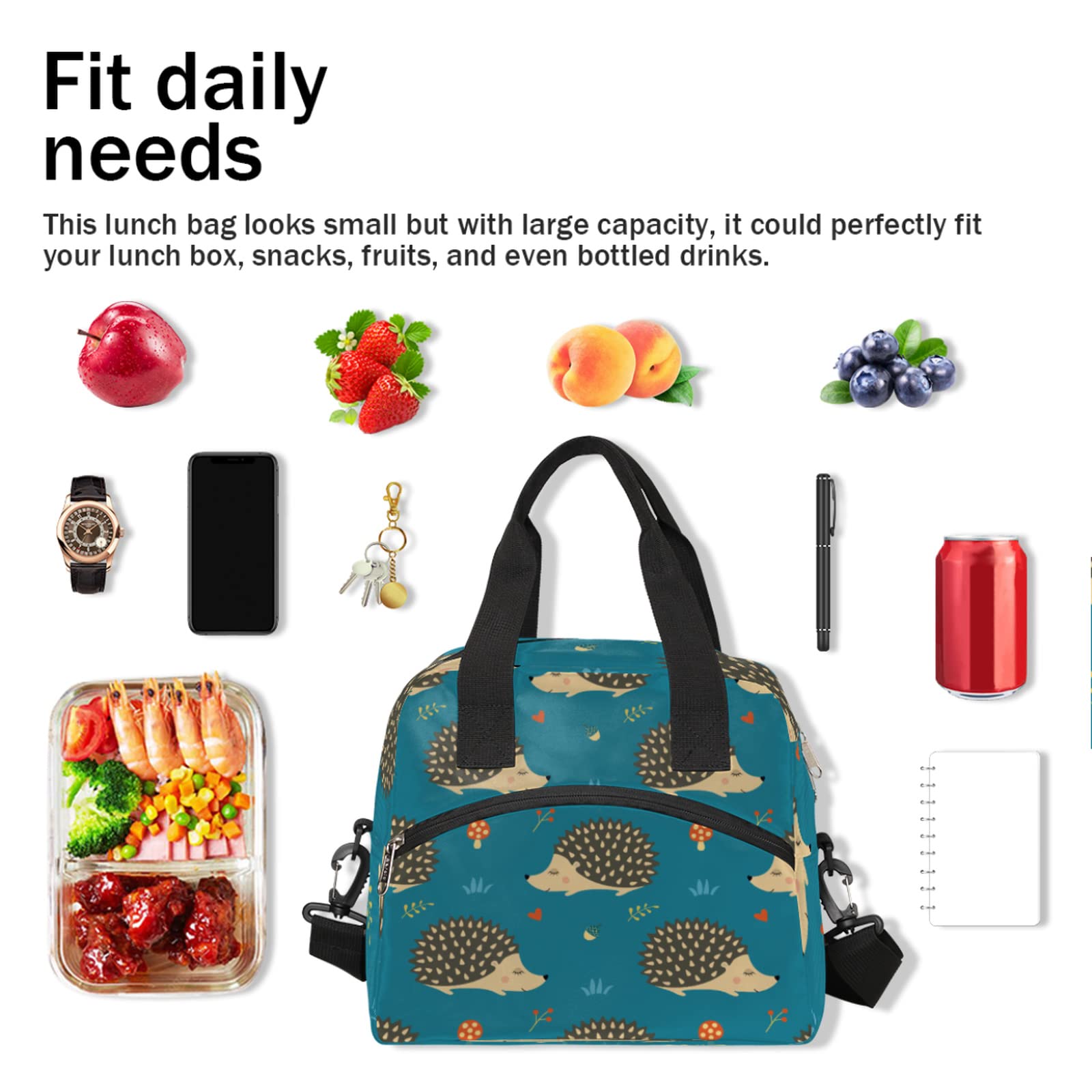 Cute Hedgehogs Lunch Bag Tote Bag Leakproof Cooler Bag Hedgehogs Animal Lunch Box with Front Pocket Water-resistant Thermal Lunch Bags with Shoulder Strap for Picnic/Hiking/Beach/Work