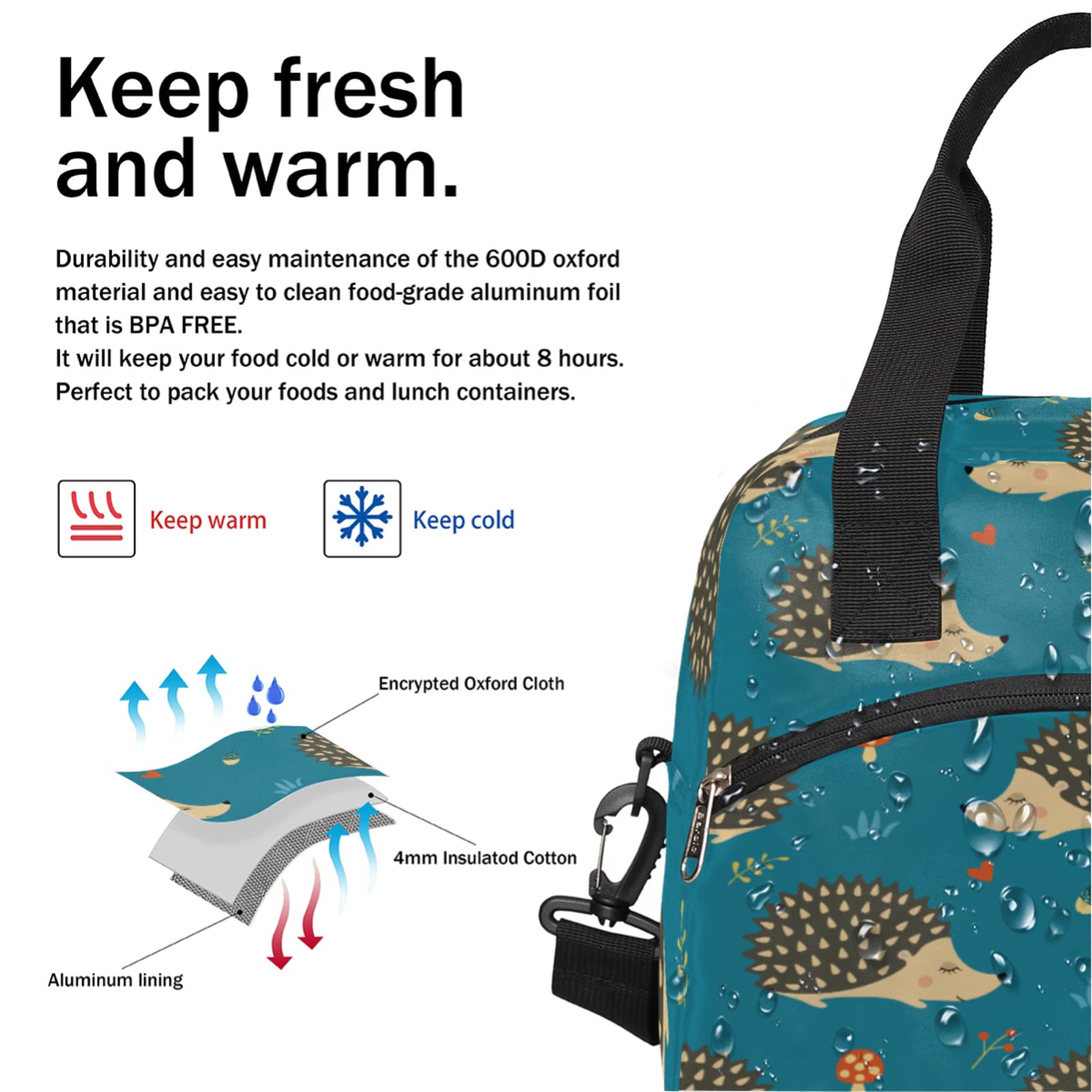 Cute Hedgehogs Lunch Bag Tote Bag Leakproof Cooler Bag Hedgehogs Animal Lunch Box with Front Pocket Water-resistant Thermal Lunch Bags with Shoulder Strap for Picnic/Hiking/Beach/Work