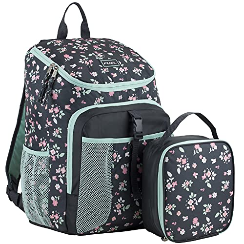 FUEL Top Loader Backpack with Lunch Box Combo – 18” Two Compartment Water Resistant Durable Adjustable Straps with Side Water Bottle Pockets 2 in 1 Set – Sweet Flowers