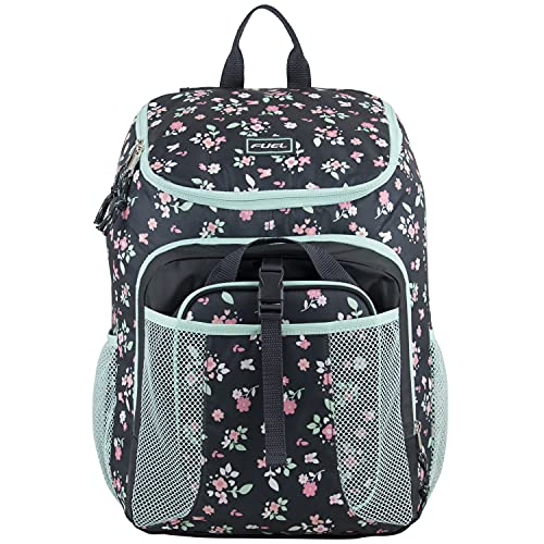 FUEL Top Loader Backpack with Lunch Box Combo – 18” Two Compartment Water Resistant Durable Adjustable Straps with Side Water Bottle Pockets 2 in 1 Set – Sweet Flowers