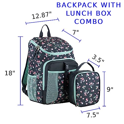 FUEL Top Loader Backpack with Lunch Box Combo – 18” Two Compartment Water Resistant Durable Adjustable Straps with Side Water Bottle Pockets 2 in 1 Set – Sweet Flowers