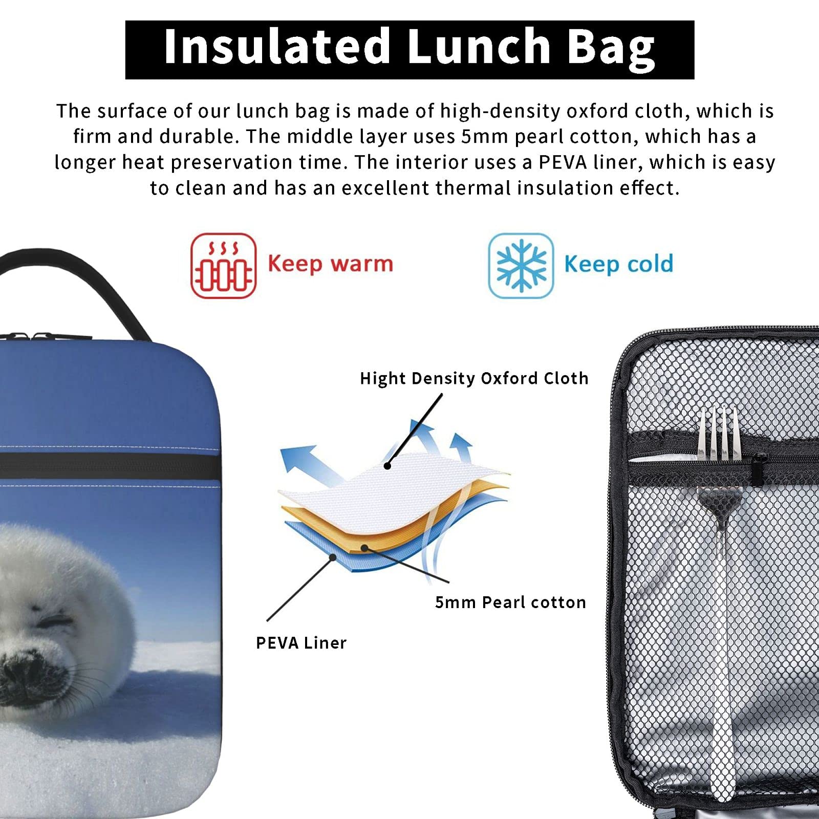 HIONHSW Smiling Harp Seal Insulated Lunch Box Removable Buckle Handle Strap Bag Lunch Container For Women, Men, Kid