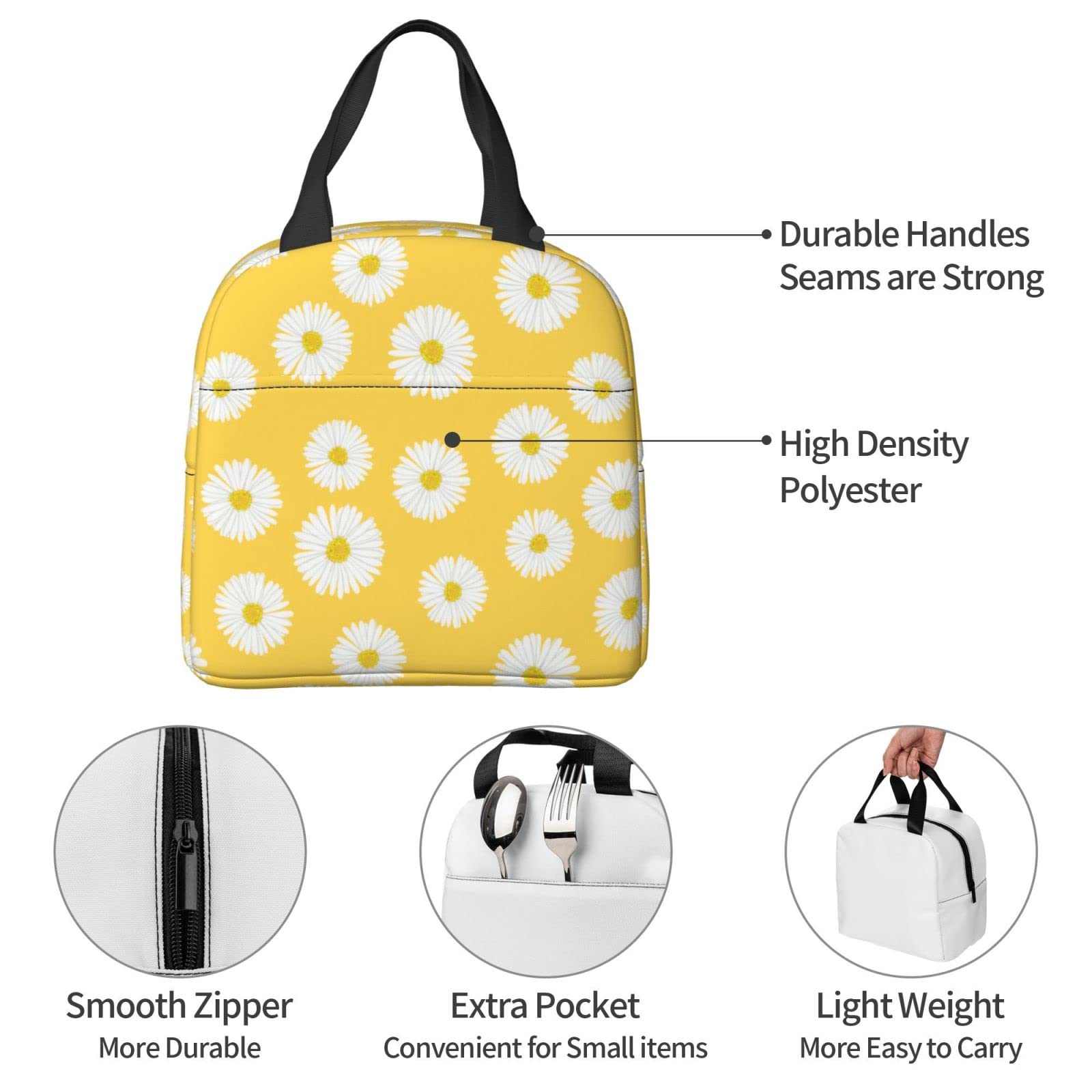 Yamegoun Daisy Lunch Bag Women Men Tote Lunch Box Insulated Cooler Reusable Containers with Strap and Pocket Work Beach Picnic