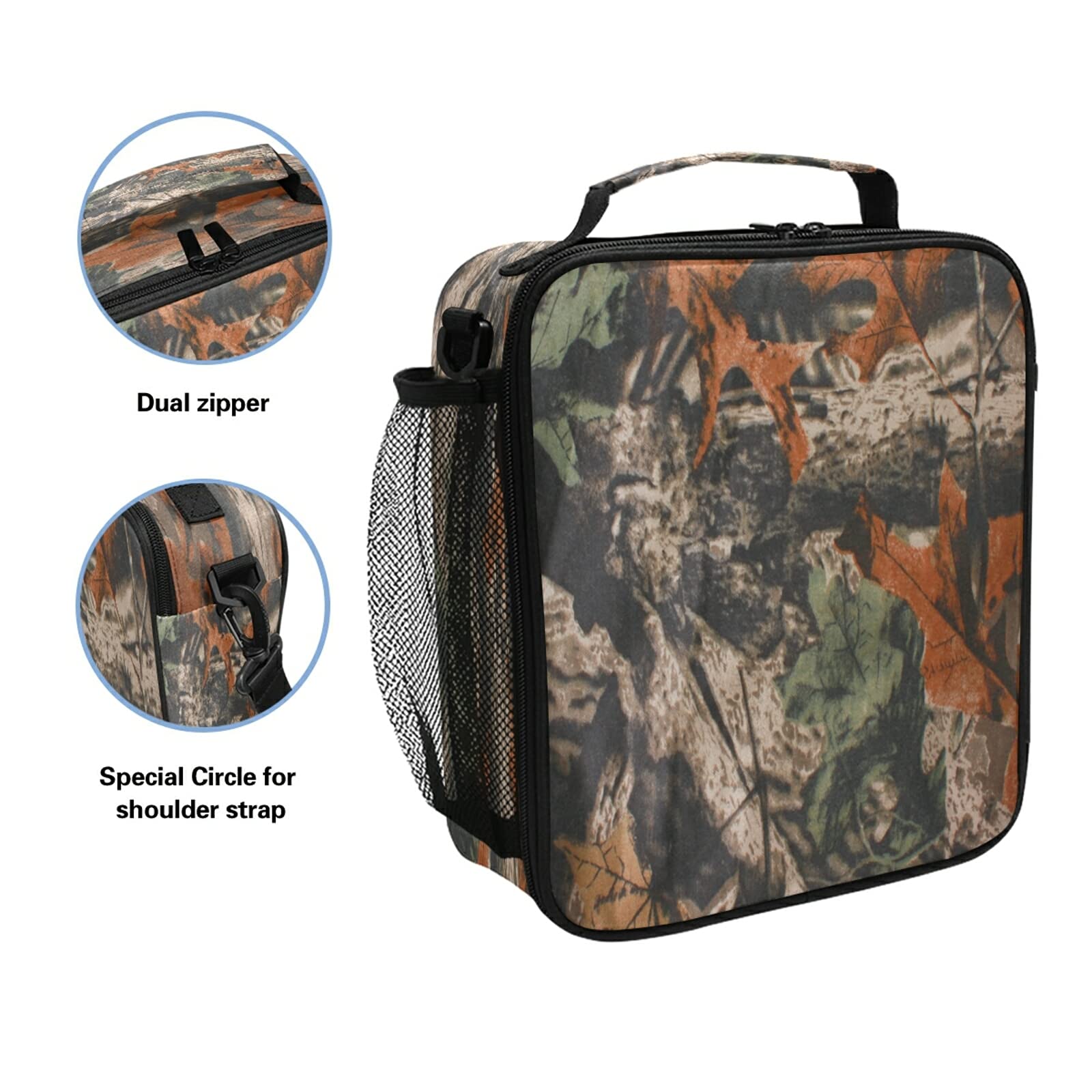 AUUXVA Boys Girls Lunch Bag Tree Leaves Camouflage Camo Insulated Lunchbox Leakproof Reusable Lunch Box with Shoulder Strap Women Men Thermal Cooler Tote Bags for School Work Picnic