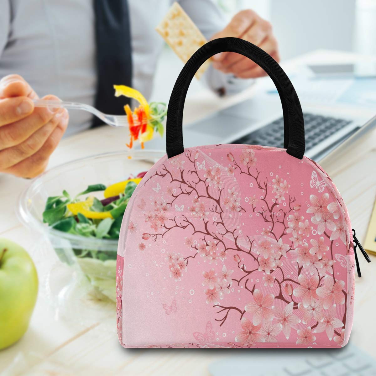 AUUXVA Cherry Blossom Japanese Lunch Bag for Women Cooler Insulated Reusable Tote Bag Portable Lunch Box Bag for Children Girl Adult Office Picnic