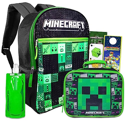 Game Party Minecraft Backpack with Lunch Box Set for Kids - Bundle with 16” Minecraft Backpack, Lunch Bag, Water Bottle, Decals, More | Minecraft Backpack for Boys.