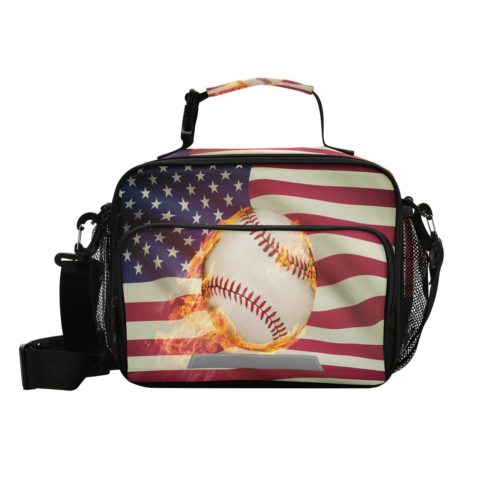 Baseball Ball Fire Lunch Bags for Women Men Us Flag Stars Thermal Cooler Bag Lunch Box Insulated Reusable Organizer Tote Lunch Bag with Adjustable Shoulder Strap for Work Picnic Beach Sporting