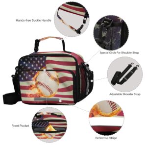 Baseball Ball Fire Lunch Bags for Women Men Us Flag Stars Thermal Cooler Bag Lunch Box Insulated Reusable Organizer Tote Lunch Bag with Adjustable Shoulder Strap for Work Picnic Beach Sporting