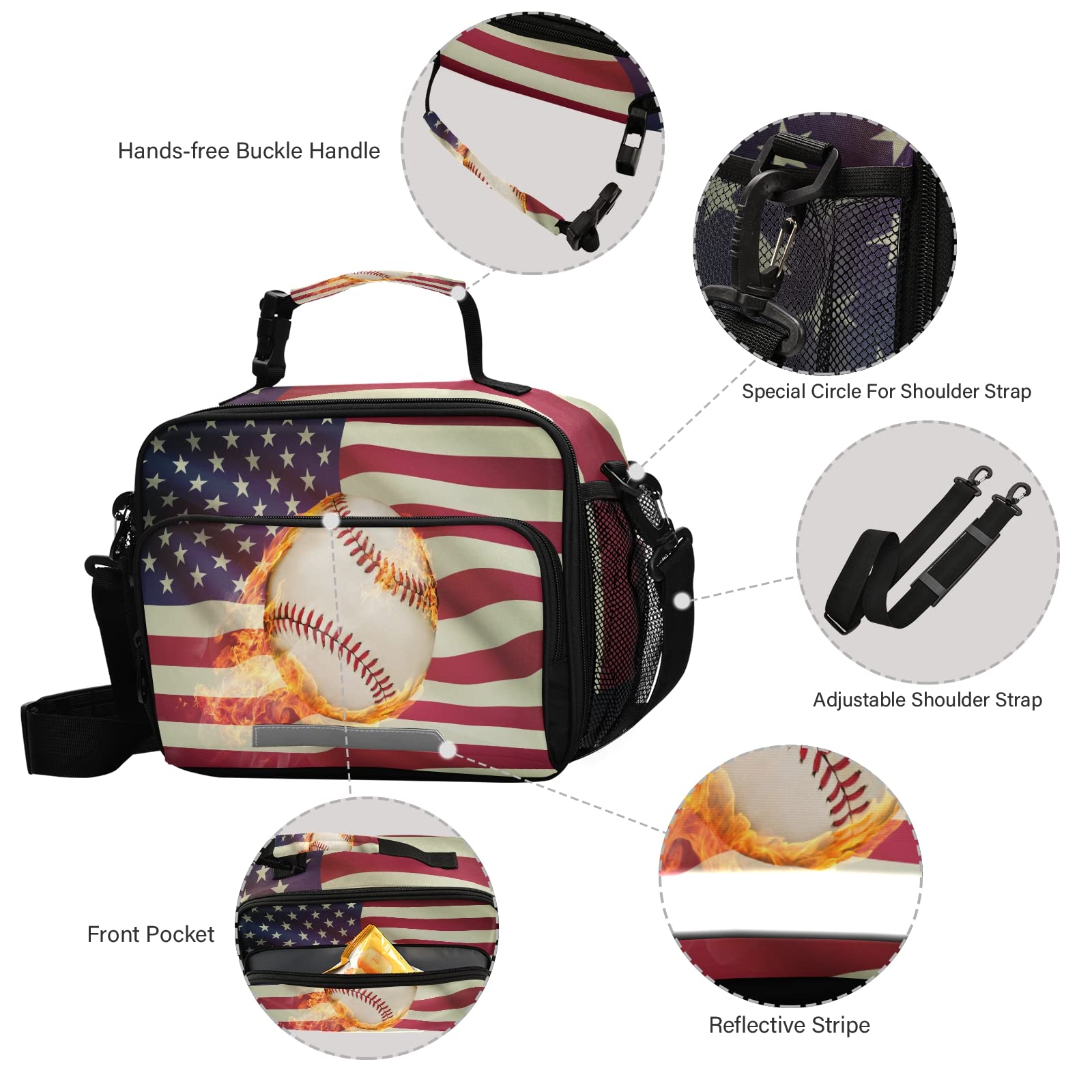 Baseball Ball Fire Lunch Bags for Women Men Us Flag Stars Thermal Cooler Bag Lunch Box Insulated Reusable Organizer Tote Lunch Bag with Adjustable Shoulder Strap for Work Picnic Beach Sporting