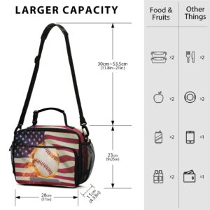 Baseball Ball Fire Lunch Bags for Women Men Us Flag Stars Thermal Cooler Bag Lunch Box Insulated Reusable Organizer Tote Lunch Bag with Adjustable Shoulder Strap for Work Picnic Beach Sporting