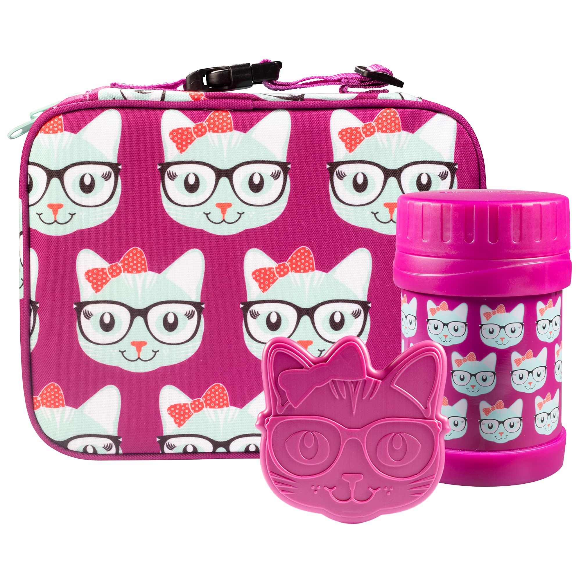 Bentology Kids Lunch Bag Set (Kitty) w Reusable Hard Ice Pack and Double-Insulated Food Jar - Perfect Lunchbox Kits for Girls Back to School