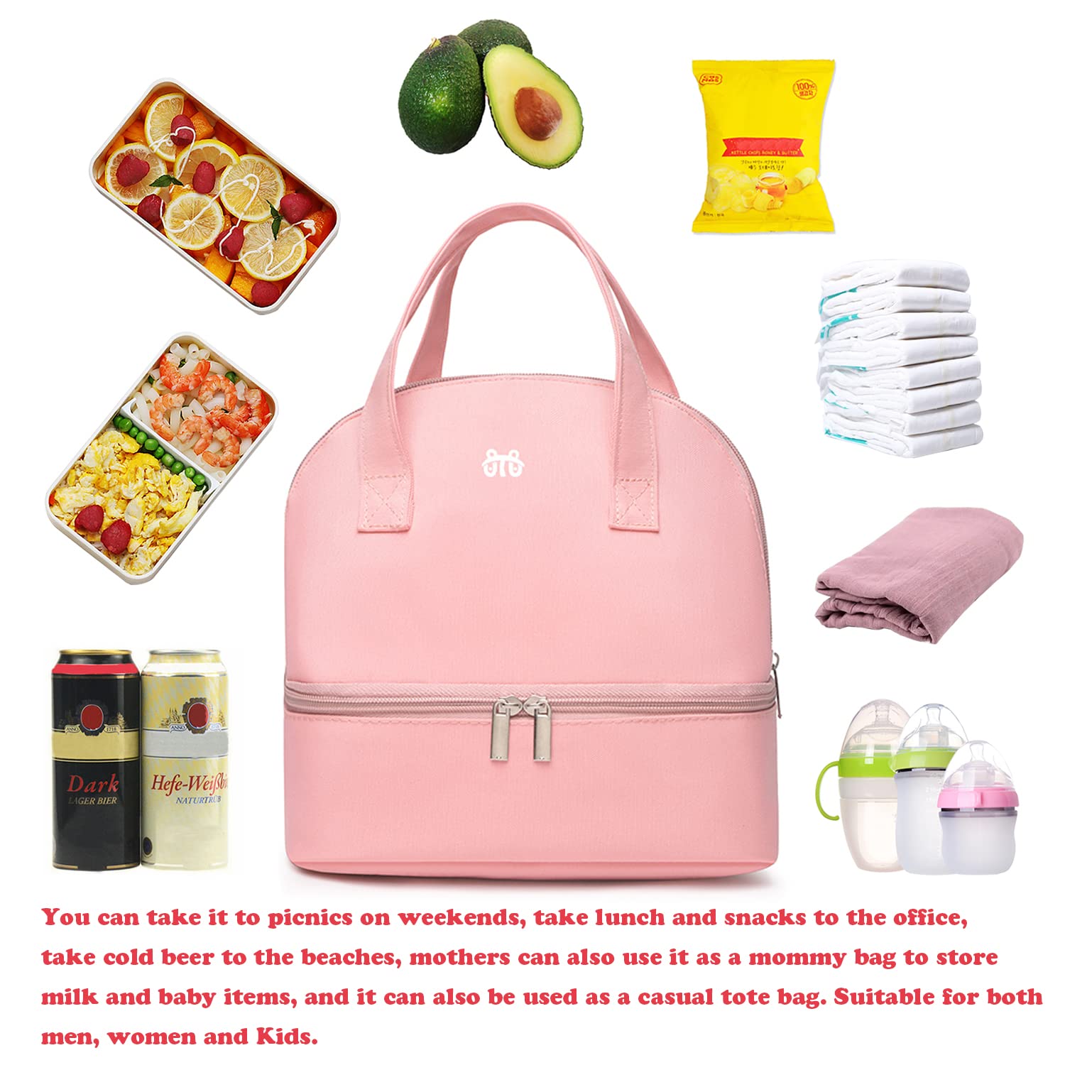 Lovyan Insulated Lunch Bag Double Deck Simple Bento Cooler Bag Water-resistant Lunch Tote Bag for Lunch Box for Women Men Adult Picnic Working Hiking Beach (Pink)