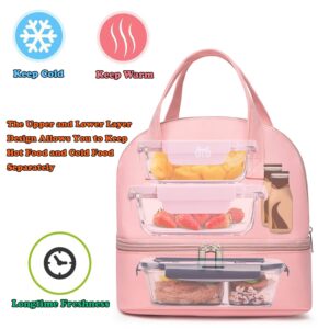 Lovyan Insulated Lunch Bag Double Deck Simple Bento Cooler Bag Water-resistant Lunch Tote Bag for Lunch Box for Women Men Adult Picnic Working Hiking Beach (Pink)