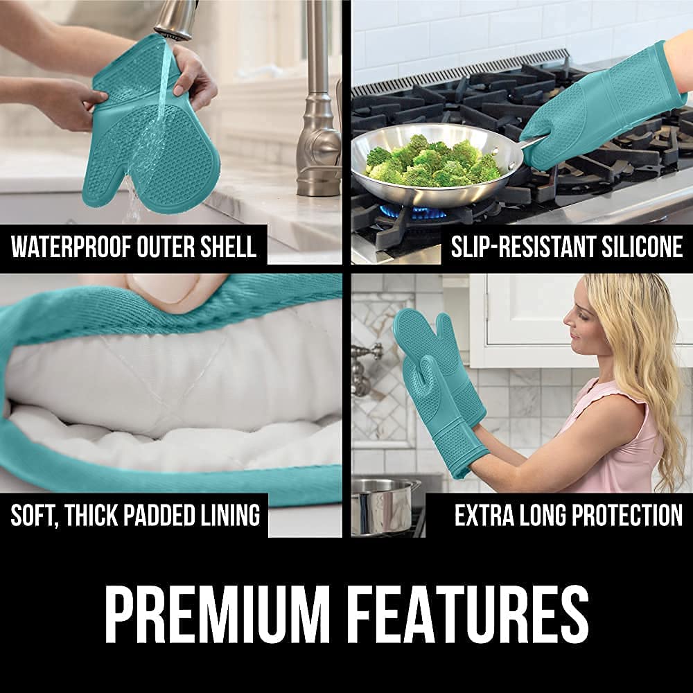 Gorilla Grip Silicone Oven Mitts Set and Meat Tenderizer, Both in Turquoise Color, Oven Mitts are Heat Resistant, Meat Tenderizer has Smooth and Textured Side, 2 Item Bundle