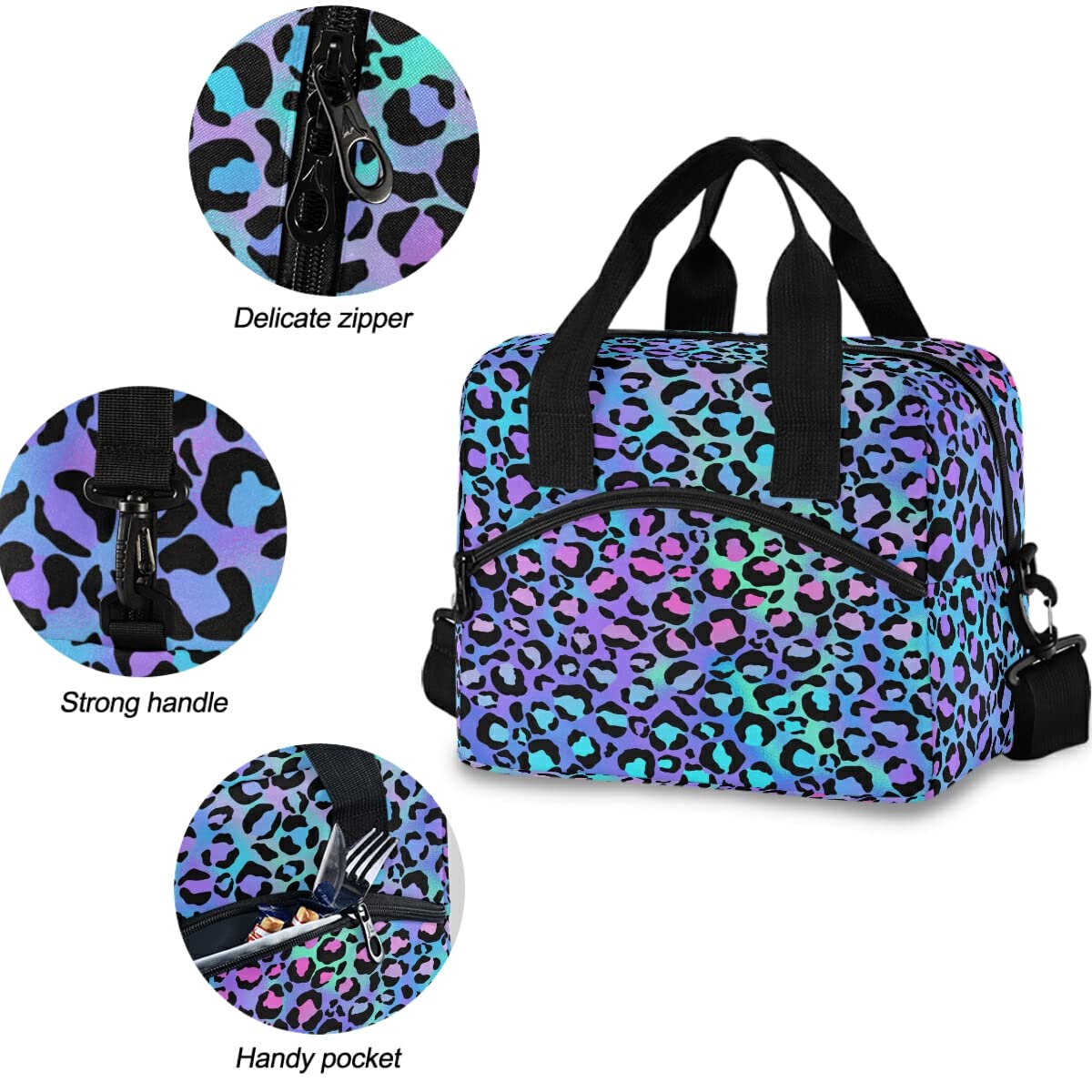 MNSRUU Insulated Lunch Bag Bright Neon Gradient Leopard Lunch Tote Reusable Cooler Bag Container with Adjustable Shoulder Strap