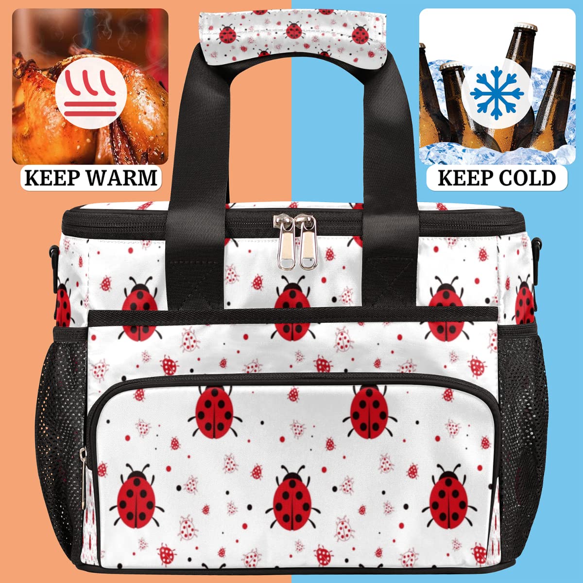 YoCosy Insulated Cooler Lunch Bag Red Ladybugs Cute Lunch Box Leakproof Large Tote Bag Reusable for Women Men Picnic Travel (15L)