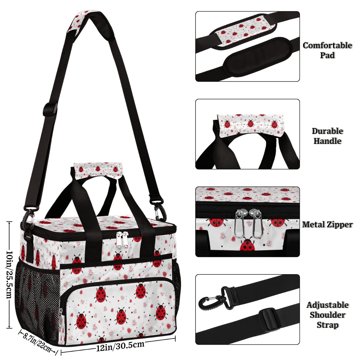 YoCosy Insulated Cooler Lunch Bag Red Ladybugs Cute Lunch Box Leakproof Large Tote Bag Reusable for Women Men Picnic Travel (15L)