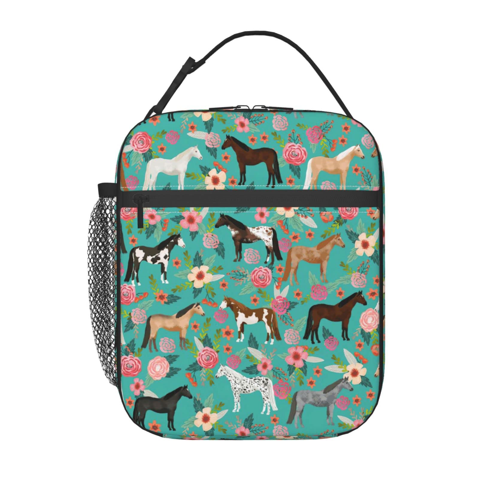 Horse And Flower Lunch Box Insulated Lunch Bags Zipper Lunch Bag Cooler Tote Bag For Teens Men Women Office Picnic