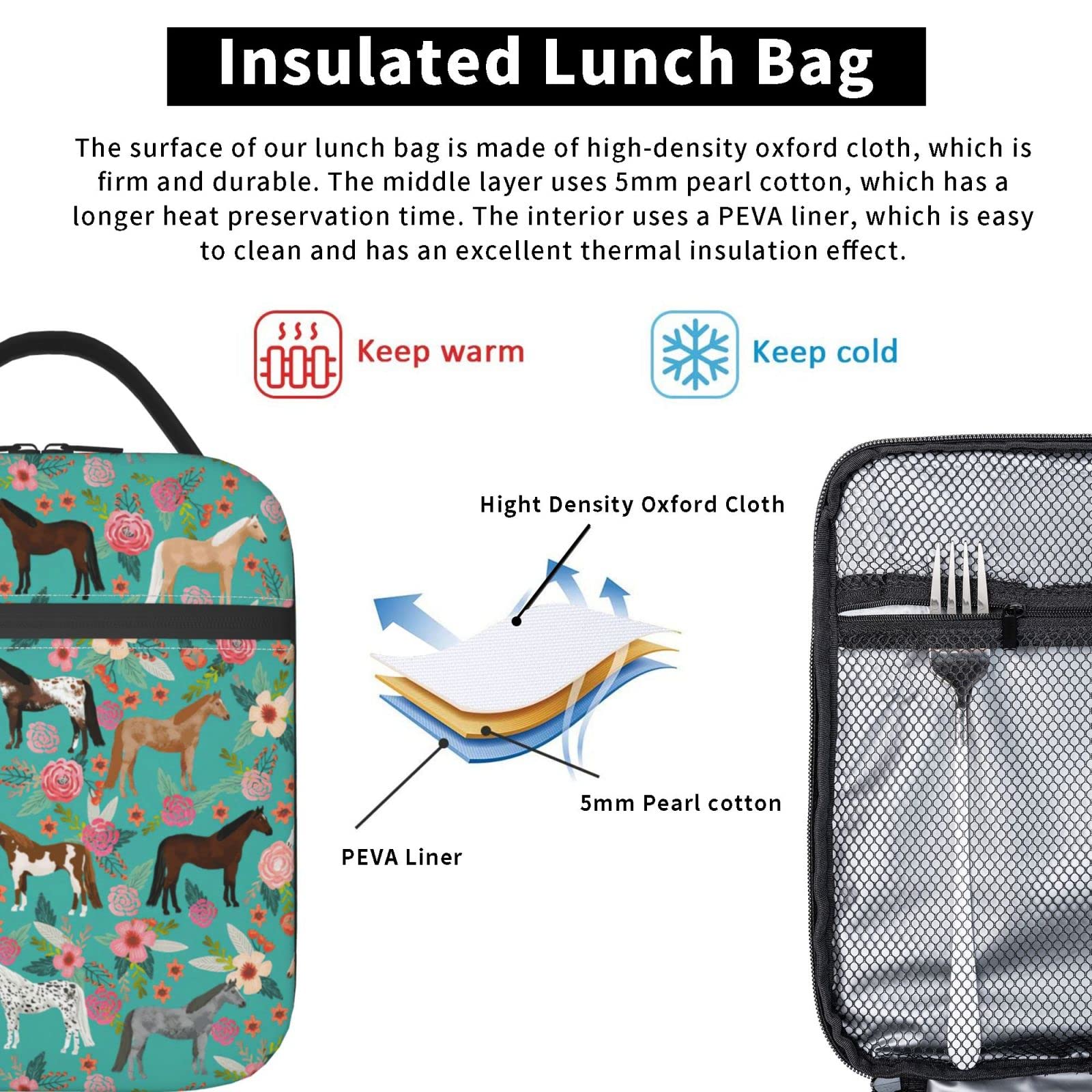 Horse And Flower Lunch Box Insulated Lunch Bags Zipper Lunch Bag Cooler Tote Bag For Teens Men Women Office Picnic