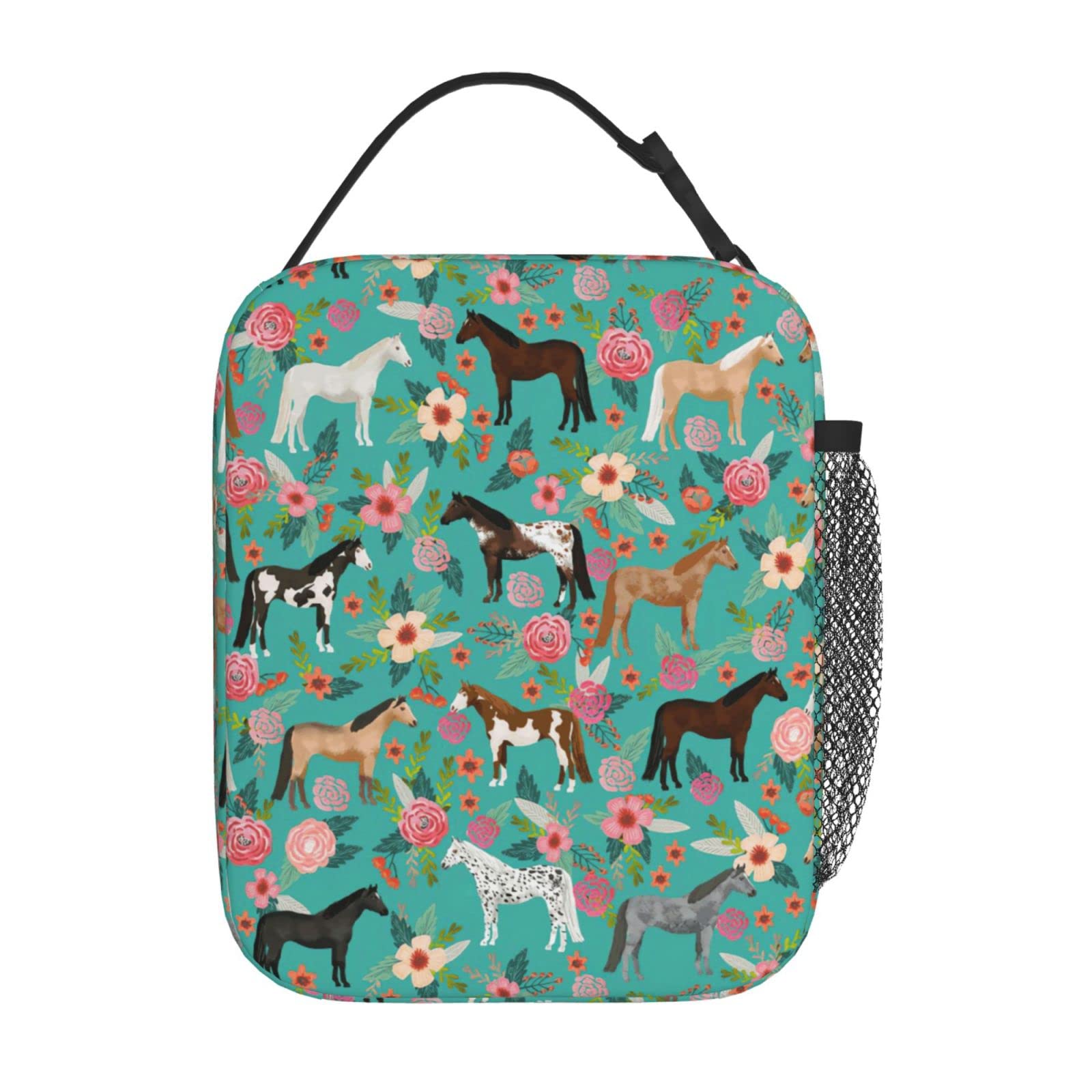 Horse And Flower Lunch Box Insulated Lunch Bags Zipper Lunch Bag Cooler Tote Bag For Teens Men Women Office Picnic