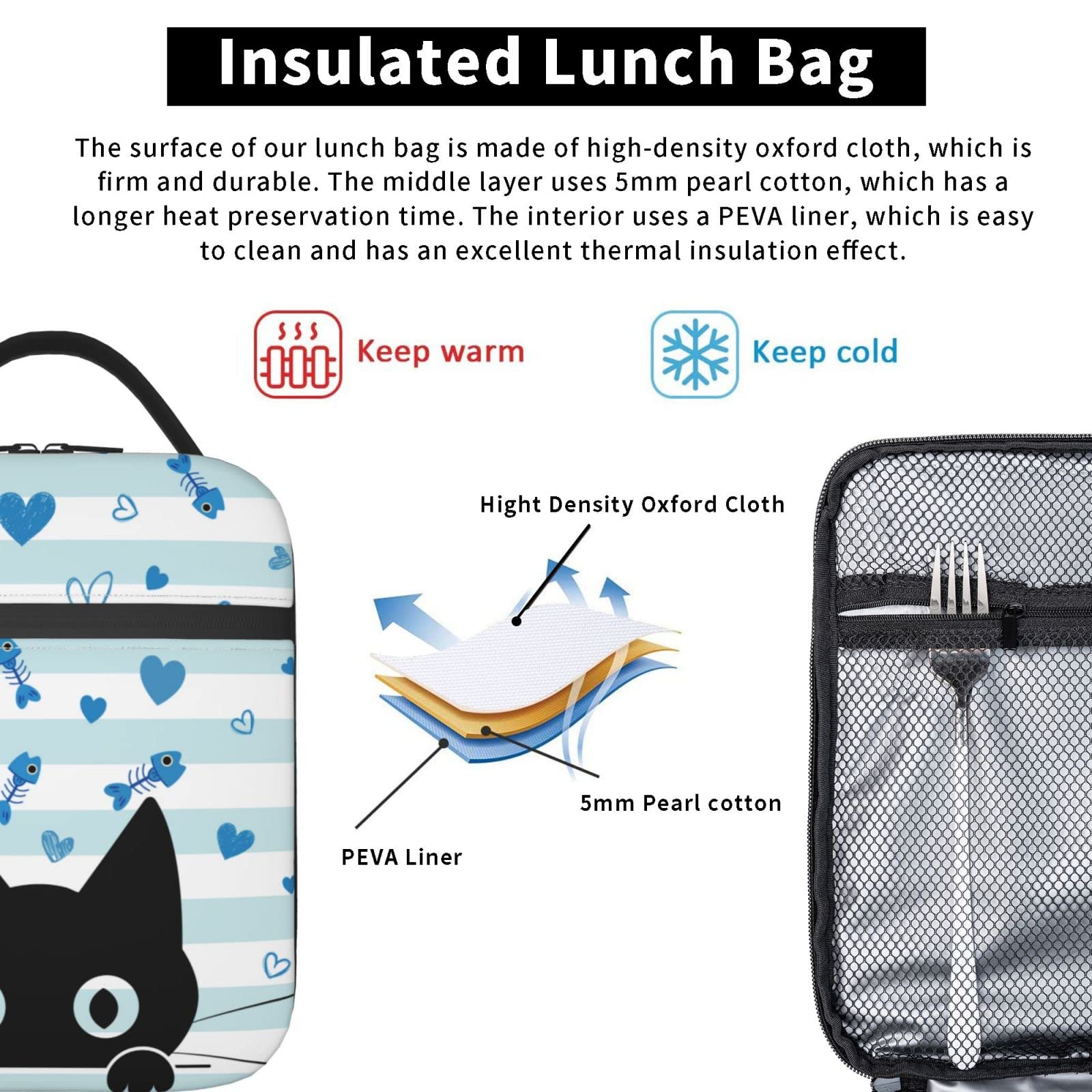 famliihw Black Cat Lunch Box Reusable Insulated Lunch Bag Thermal Cooler Tote For Boys Girls Teen School Men Women Picnic Travel Hiking