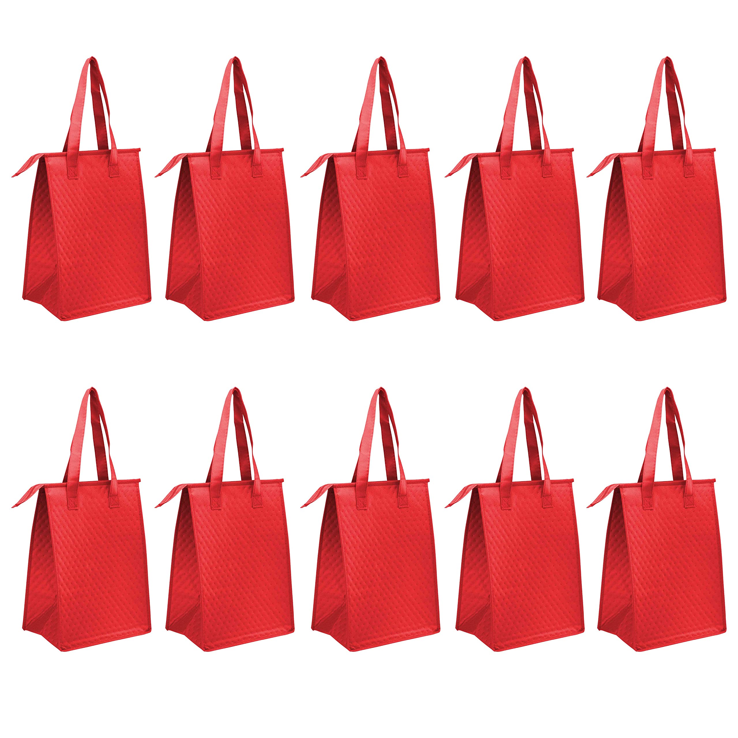 Zipper Insulated Lunch Tote Bags Set of 10, Bulk Pack - Perfect for Work, Travel, Outdoor Events - Red