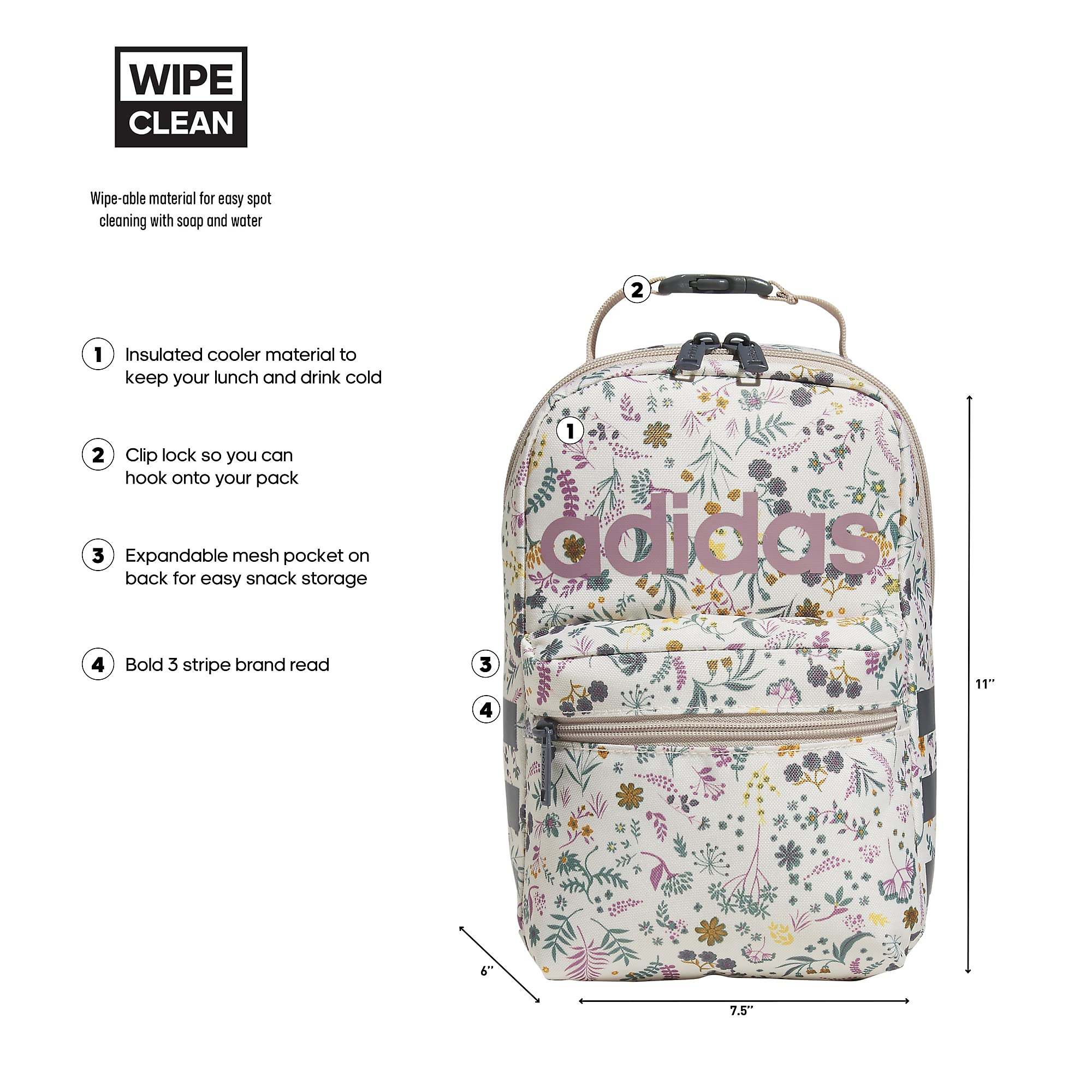 adidas Santiago 2 Insulated Lunch Bag, Woodland Floral Chalk White/Wonder Beige, One Size