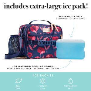 Fit & Fresh Josie Adult Insulated Lunch Bag with Side Pouch & Carry Strap, Complete Lunch Kit Includes Reusable XL Ice Pack, Plum Camo