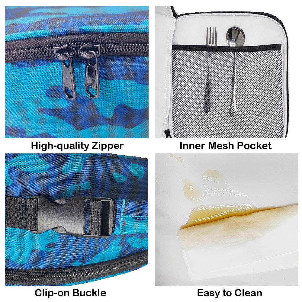 Reusable Insulated Cooler Lunch Bag Leakproof Office Work Picnic Meal Lunch Box with Multi-Pockets for Men Women (Blue Camo, Small)