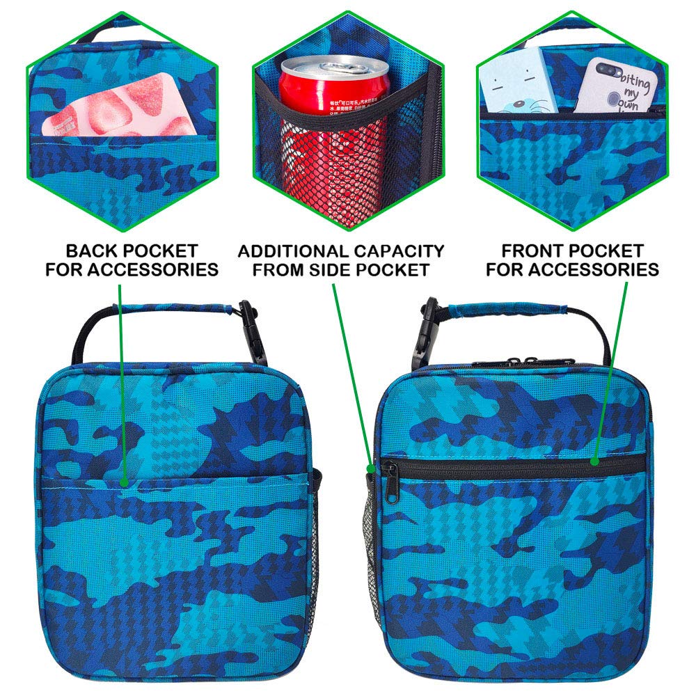 Reusable Insulated Cooler Lunch Bag Leakproof Office Work Picnic Meal Lunch Box with Multi-Pockets for Men Women (Blue Camo, Small)