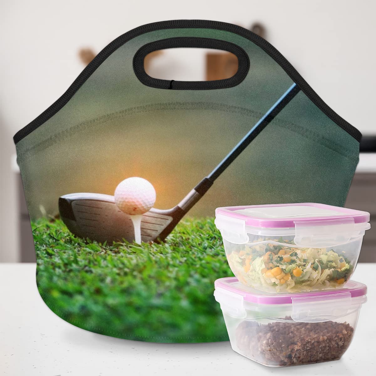 Insulated Neoprene Lunch Bag for Women Men Kids Golf Ball Sport Grass Lunch Box Reusable Small Lunch Tote Bag Cooler Bag for School Work Picnic