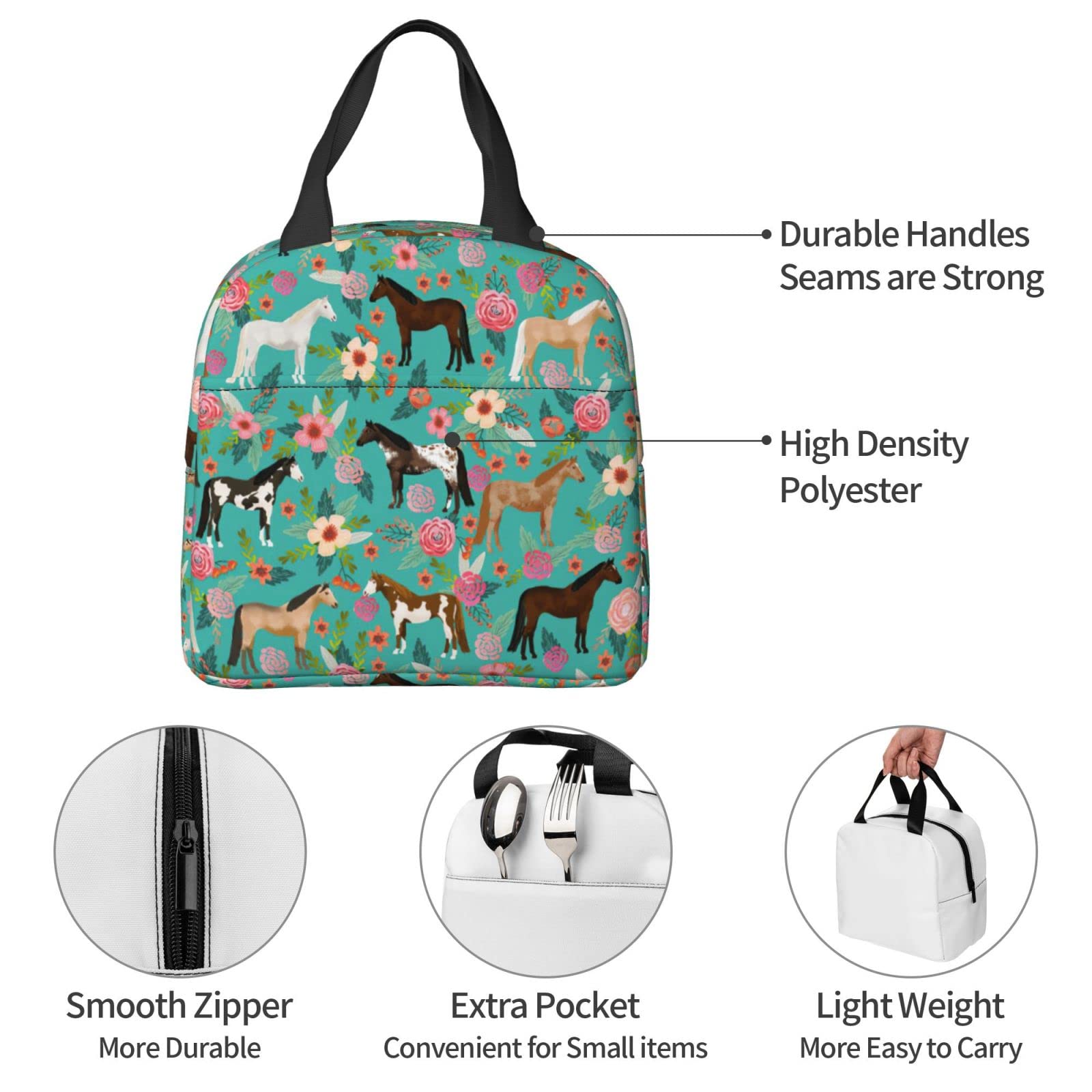 srufqsi Horses And Flowers Lunch Bag Insulated Water-Resistant Tote Bag Reusable Lunch Box For Picnic Travel