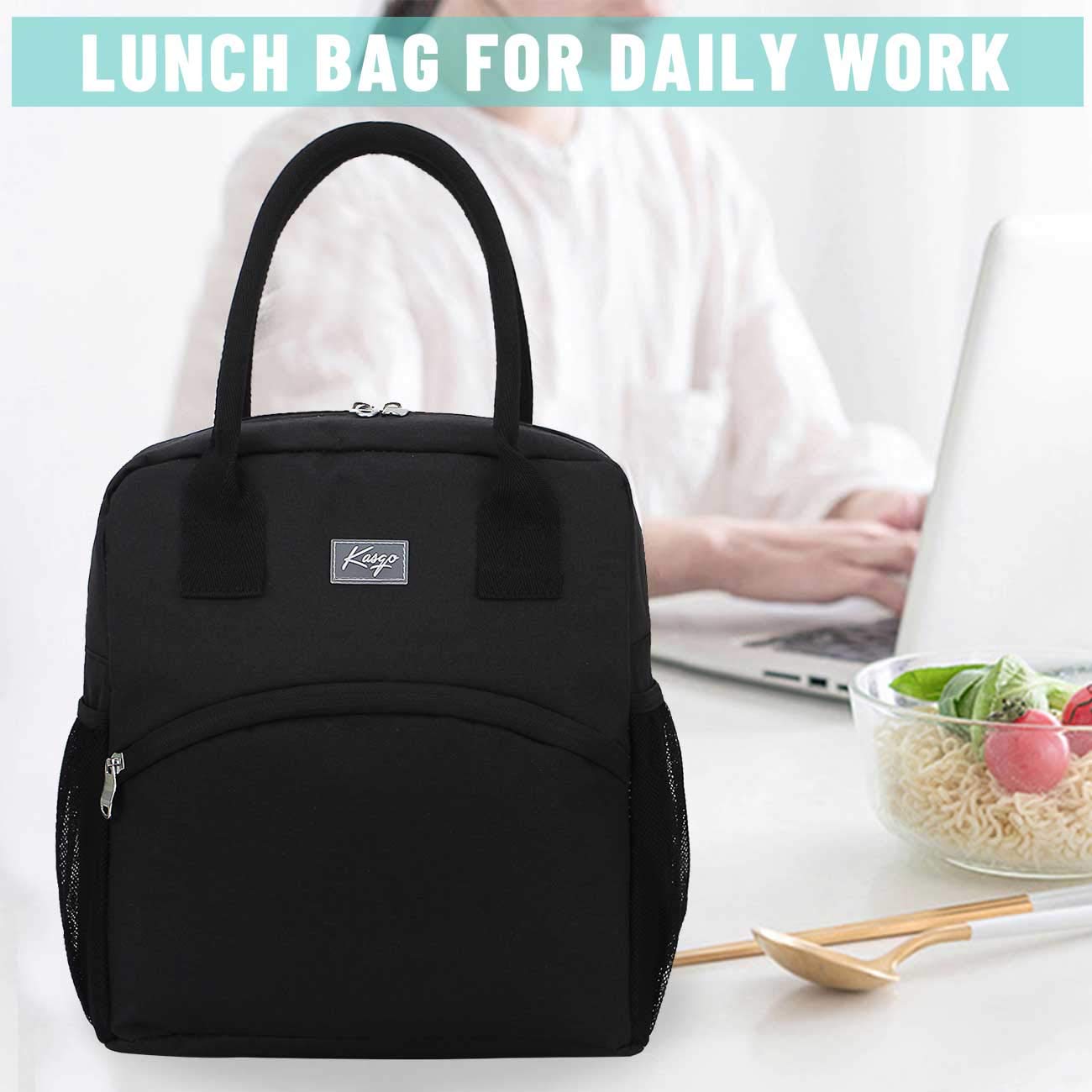 Kasqo Lunch Box Bag for Men Women, Insulated Thermal Reusable Lunch Cooler Tote Lunch Tote with Front Pocket Office Work Travelling in Black