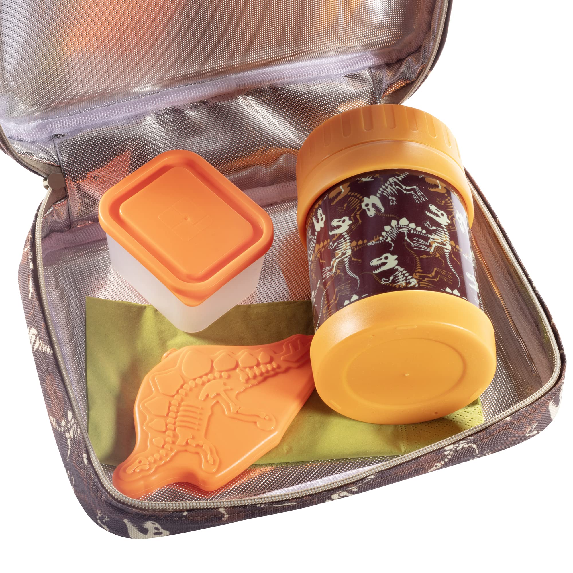 Kids Lunch Bag Set (Dinosaurs) w Reusable Hard Ice Pack & Double-Insulated Food Jar for Drinks or Soups - Perfect Lunchbox Kits for Boys and Girls Back to School, Keeps Food Hot or Cold for Longer